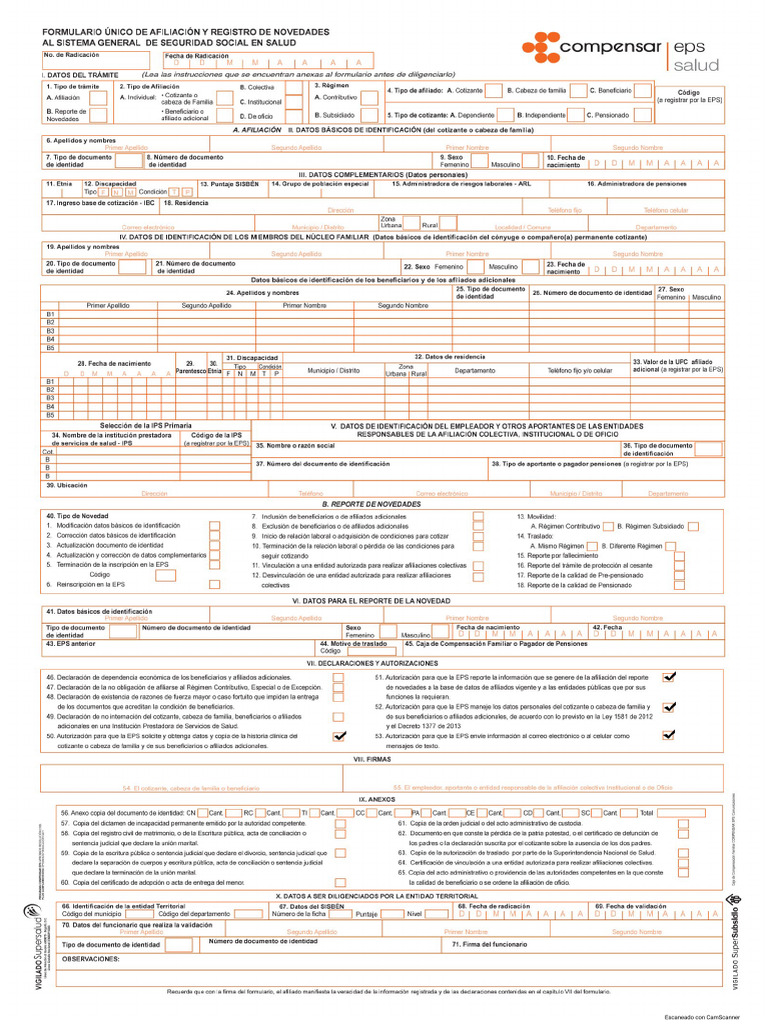 Formulario Afiliación Compensar | PDF
