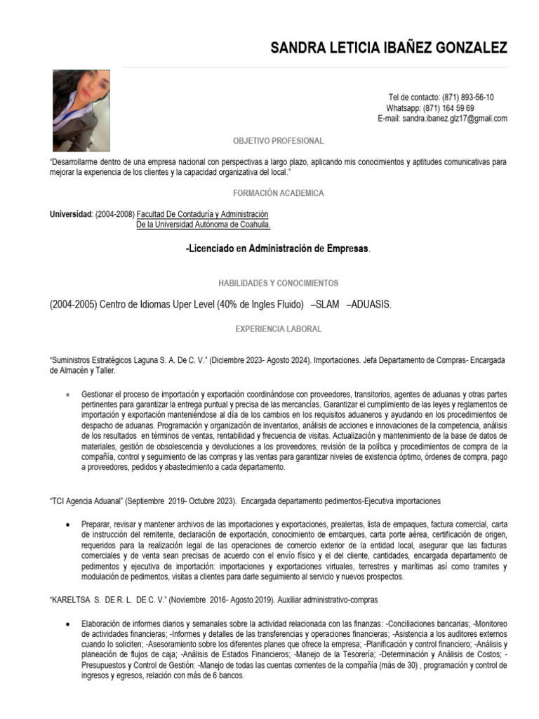 Curriculum Sandra Ibañez Act Sep | PDF | aduana | Business