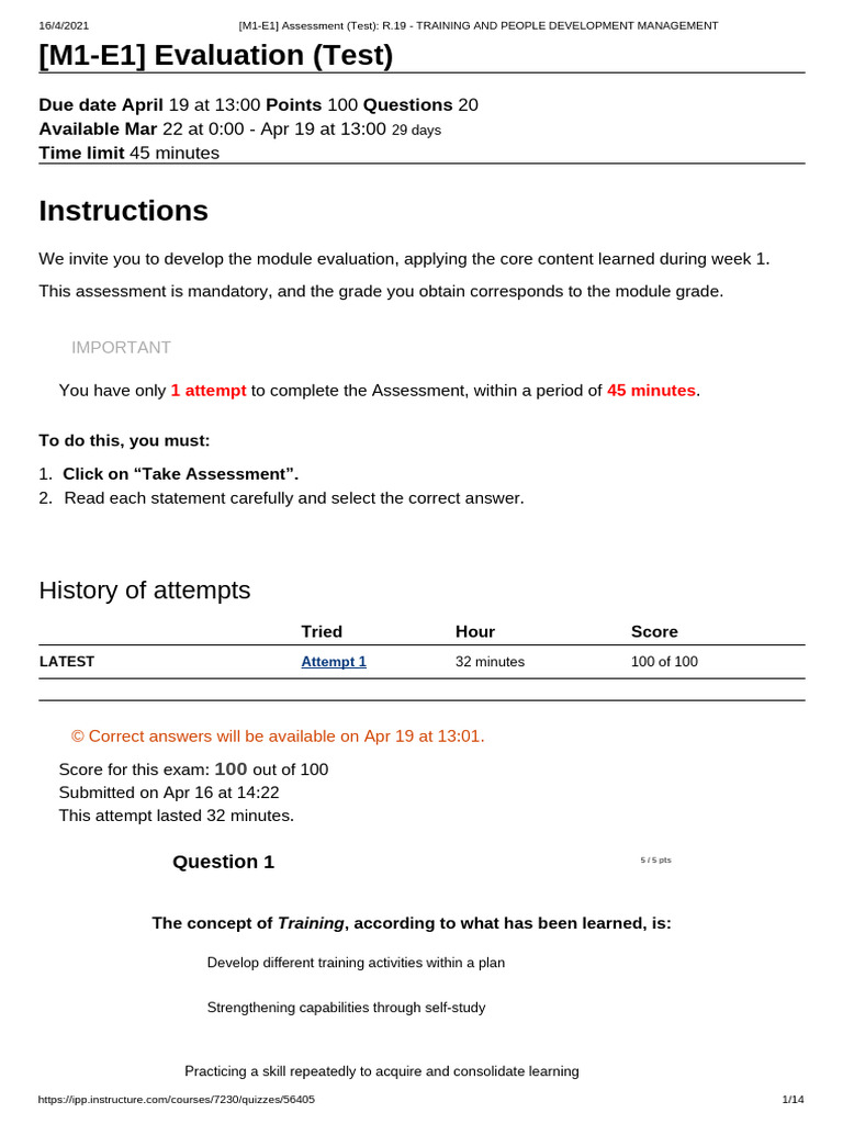[M1-E1] Evaluation of TRAINING MANAGEMENT AND PEOPLE DEVELOPMENT | PDF | Performance Appraisal ...