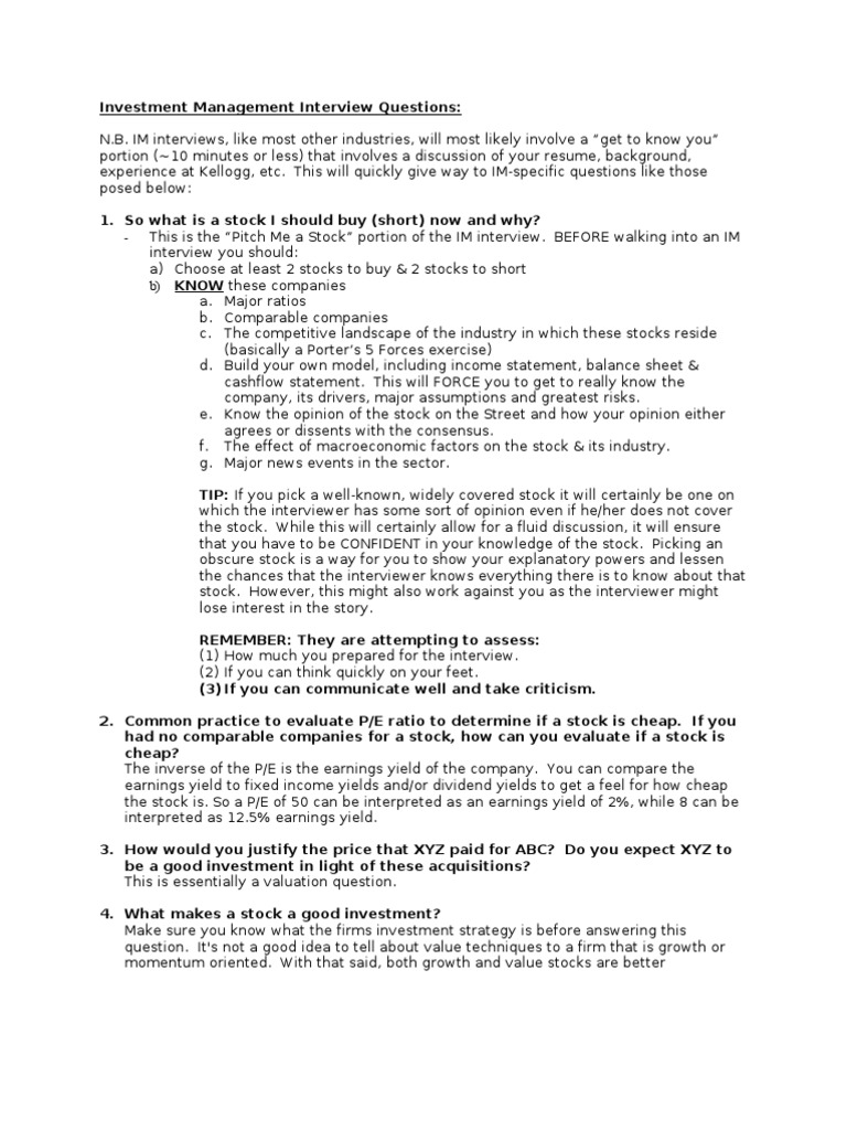1 1 Investment Management Interview Questions | PDF | Price–Earnings ...