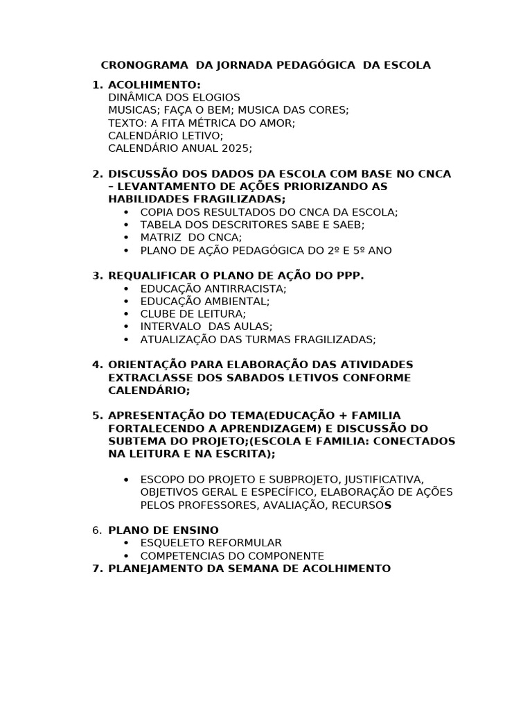Cronograma Da Jornada Pedagógica Da Escola - 2025 | PDF