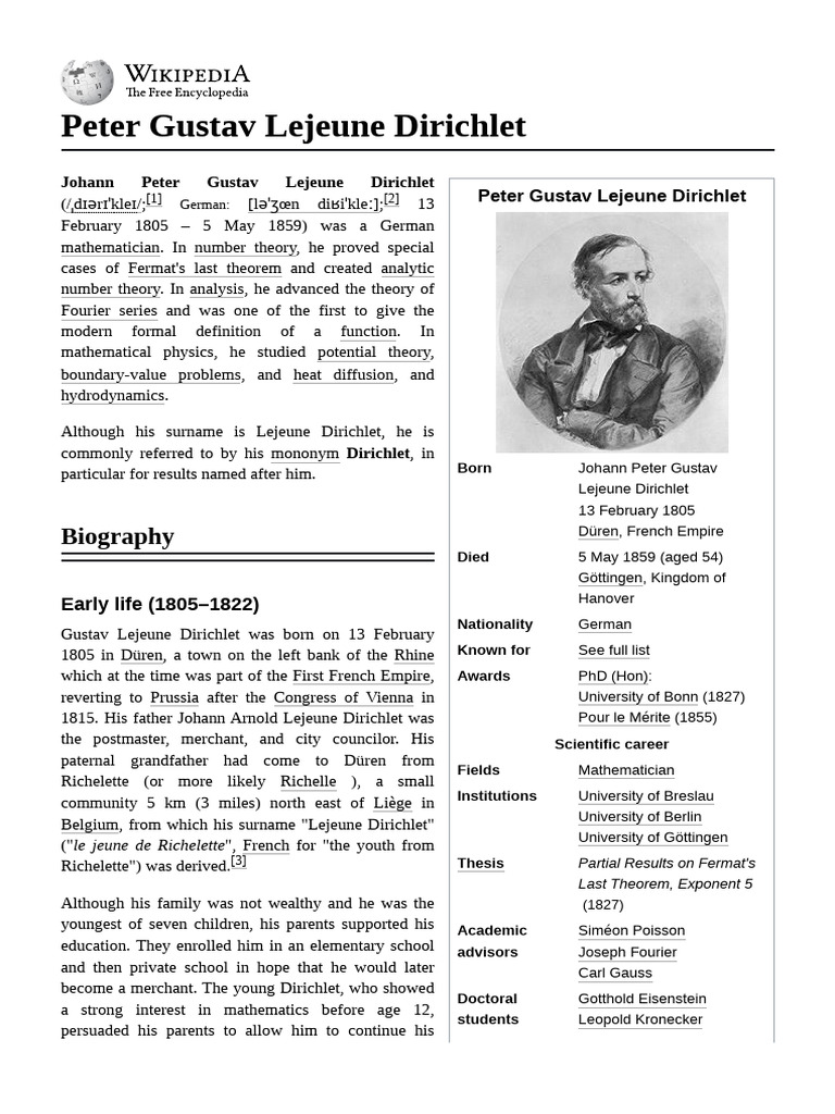 Peter Gustav Lejeune Dirichlet | PDF | Mathematical Analysis | Mathematics