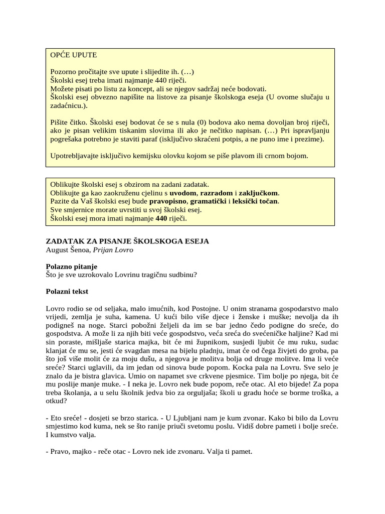 Esej - Šenoa, Prijan Lovro (Zadatak) | PDF