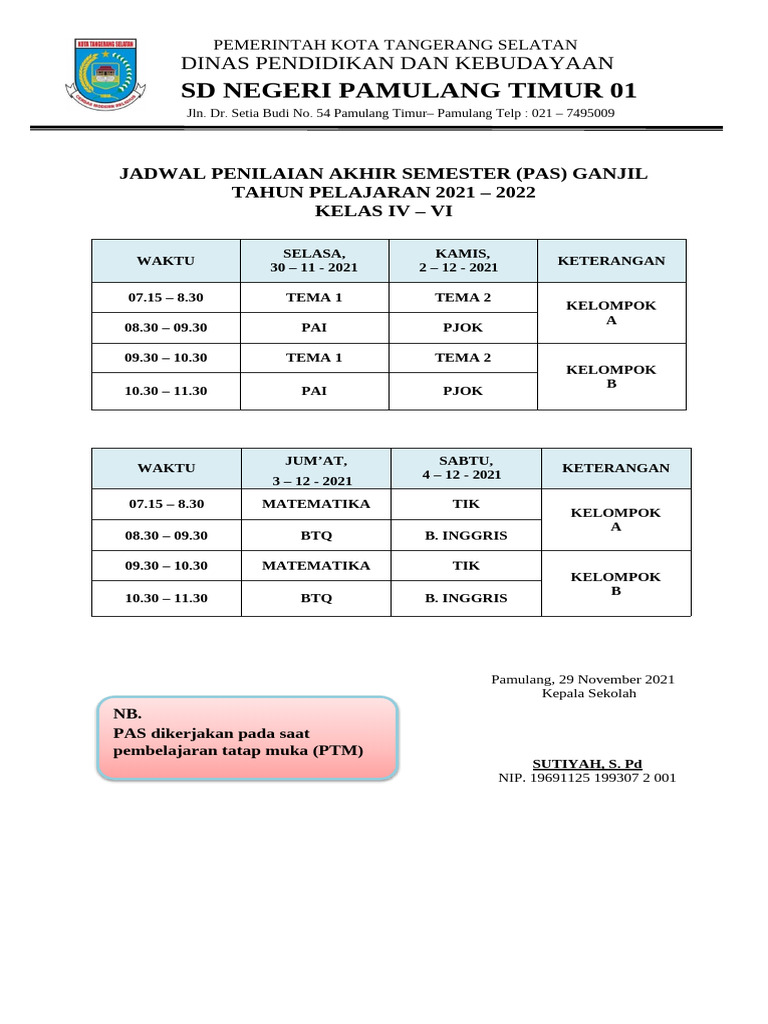 JADWAL PAS GANJIL KELAS IV - VI-dikonversi | PDF
