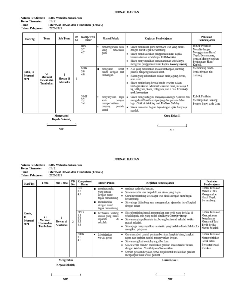 Jurnal Kelas 2 Tema 6 | PDF