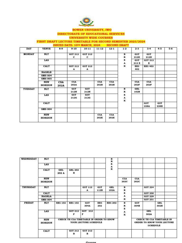 Bowen Univ. Lecture Timetable | PDF