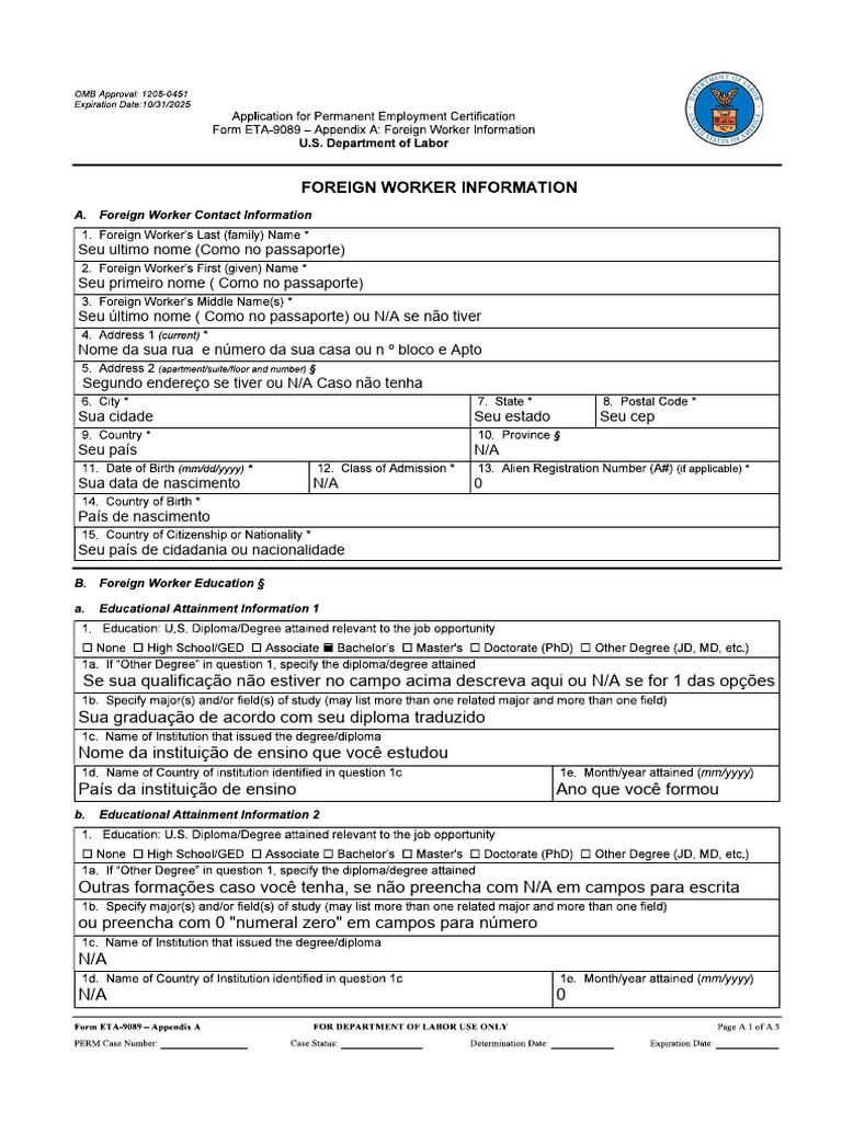 Form ETA-9089 - Appendix A Modelo - PREENCHIDO | PDF