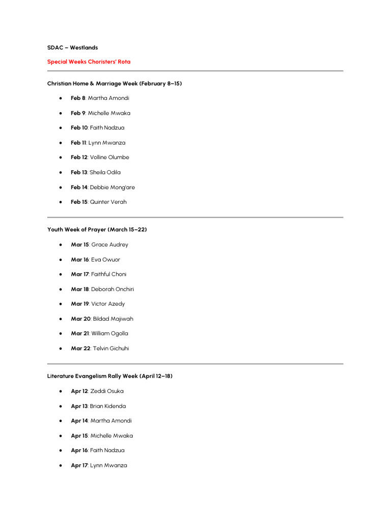 Special Weeks Rota | PDF