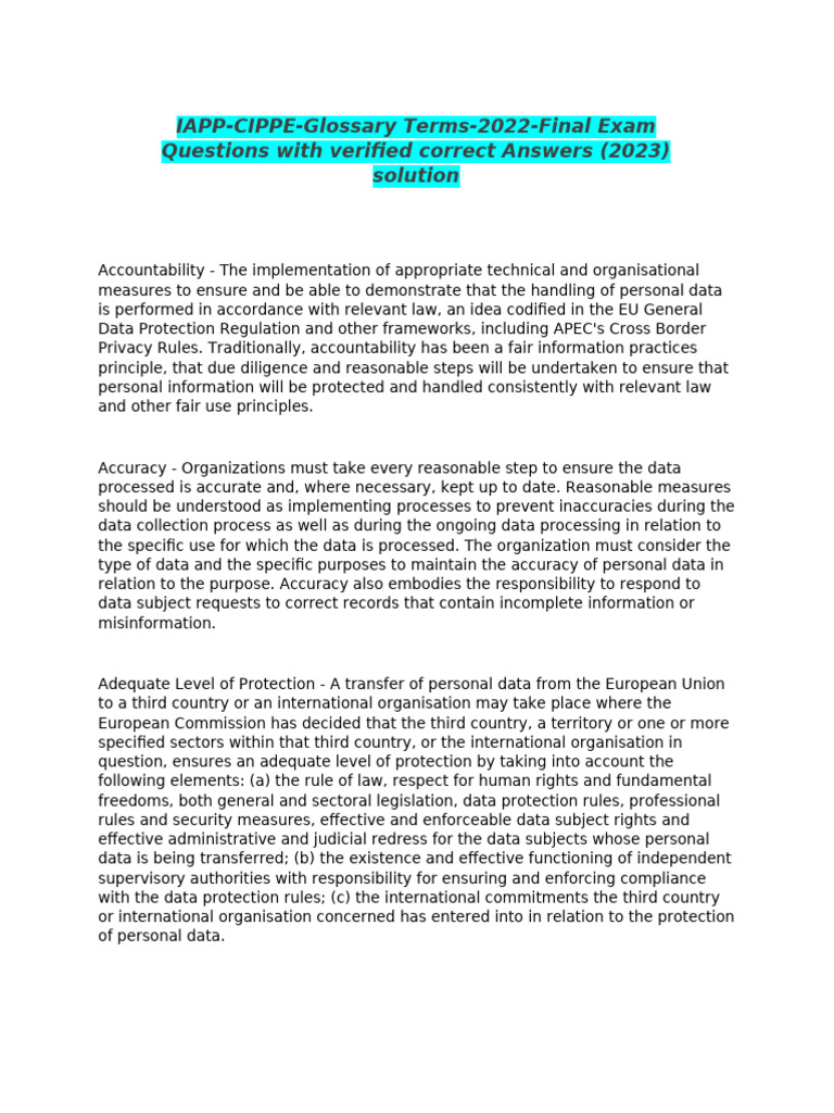 IAPP-CIPPE-Glossary Terms-2022-Final Exam Questions With Verified Correct Answers (2023 ...