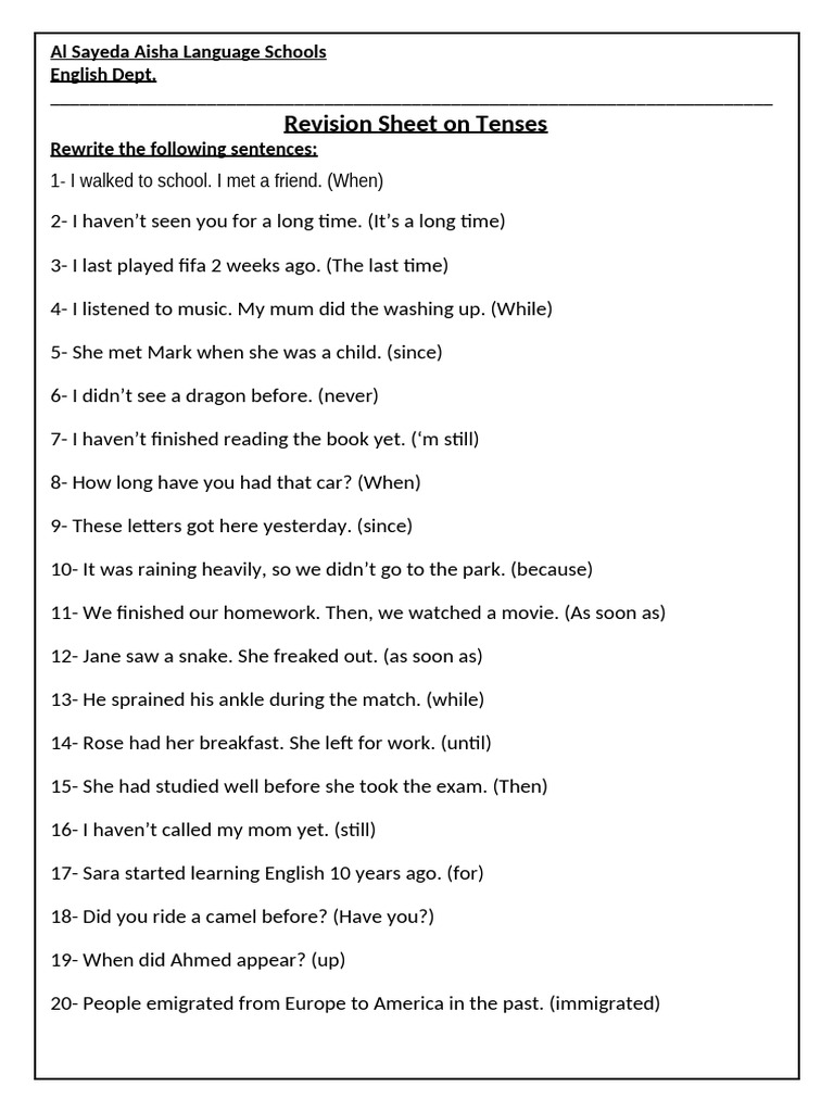 English Tenses Practice Sheet | PDF