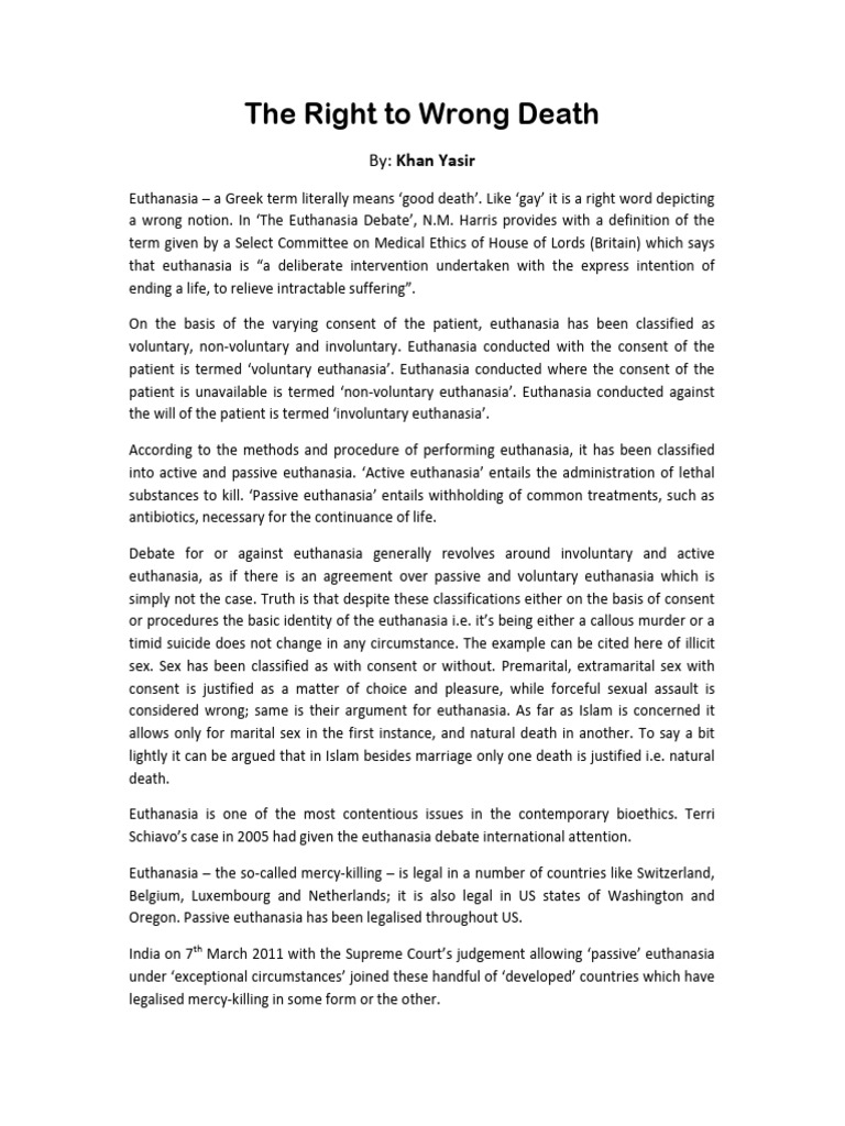 Euthanasia The Right To Wrong Death | PDF | Medical Ethics | Palliative ...