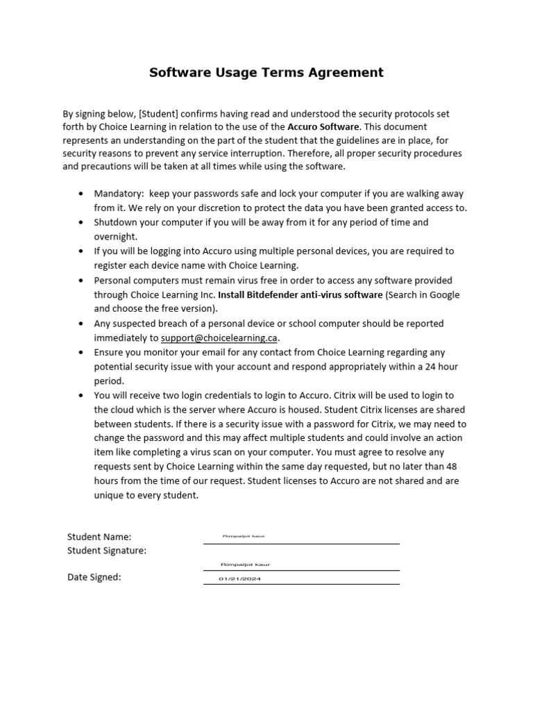 Software Usage Terms Agreement | PDF