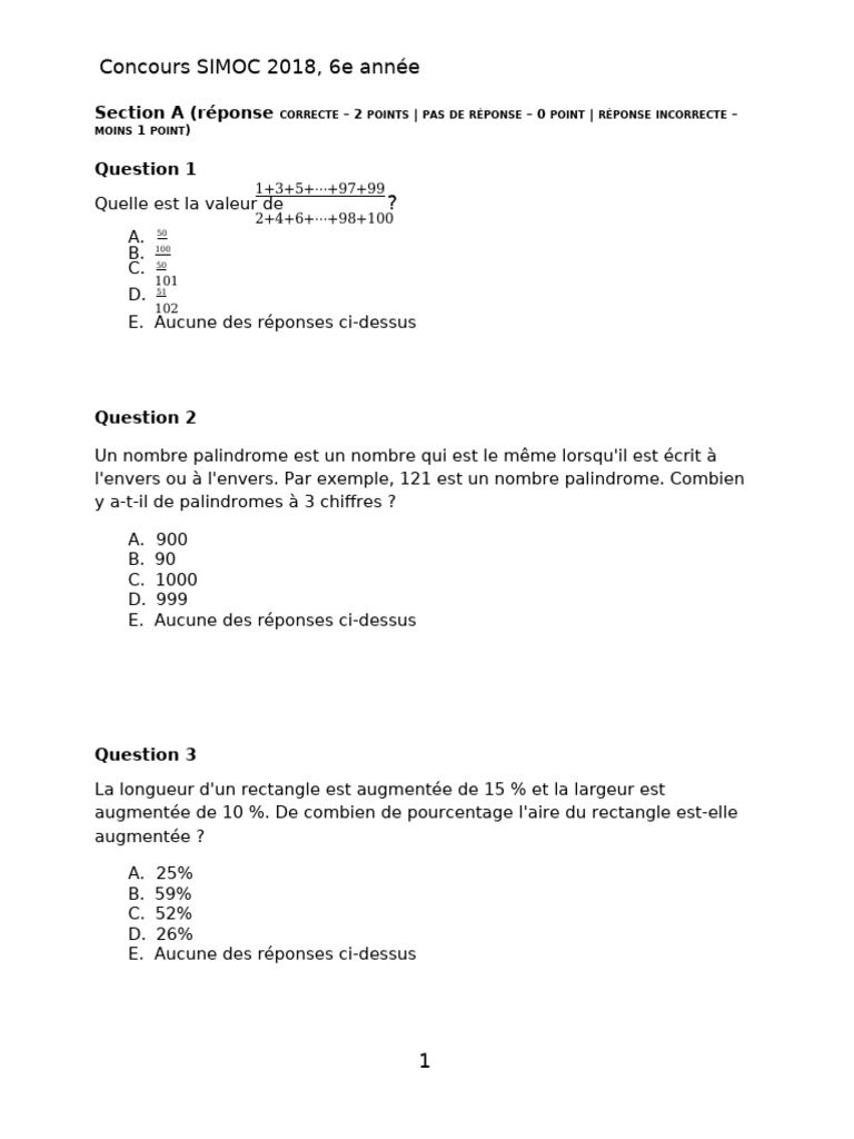 Questions de mathématiques SIMOC 2018 | PDF