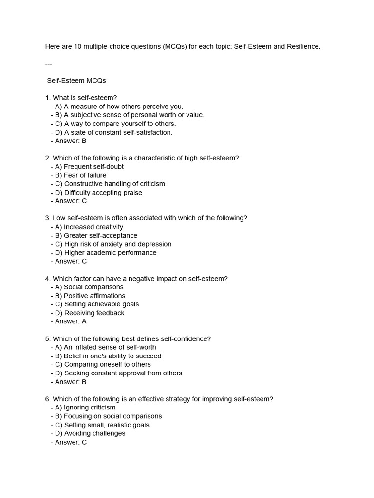 MCQs - Self Esteem and Resilience | PDF | Self Esteem | Psychological ...