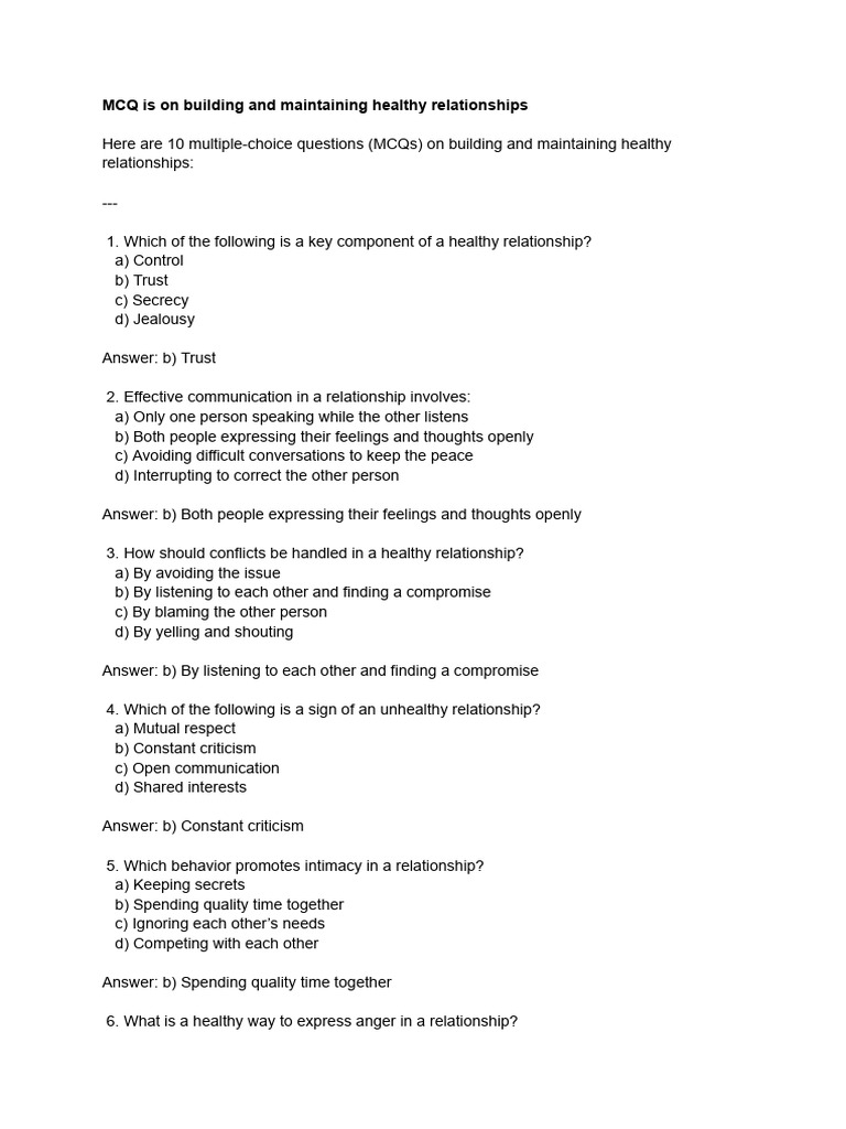 MCQ - Healthy Relationships | PDF | Intimate Relationships ...