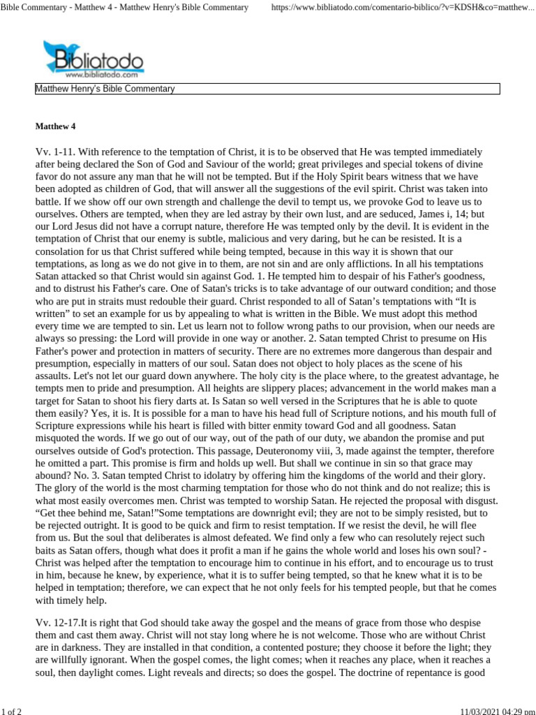 Matthew Henry's Commentary on Matthew 4 | PDF | Jesus | Gospel Of Matthew