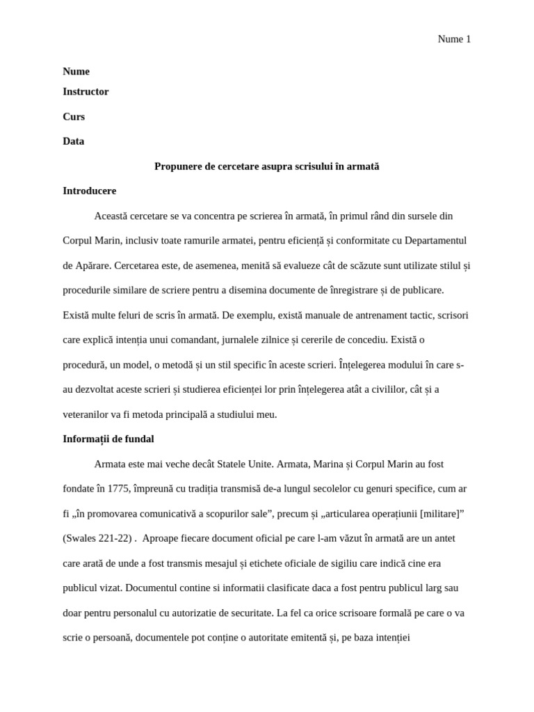 Propunere de Cercetare Privind Scrierea Militară | PDF