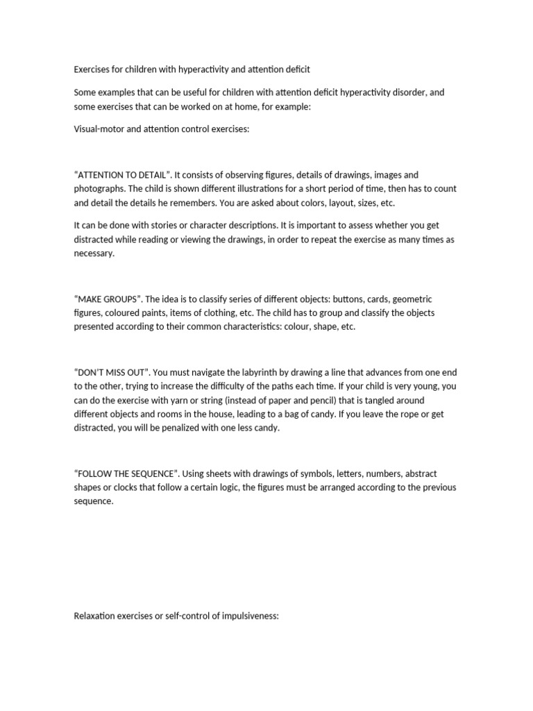 Exercises for children with hyperactivity and attention deficit. | PDF ...