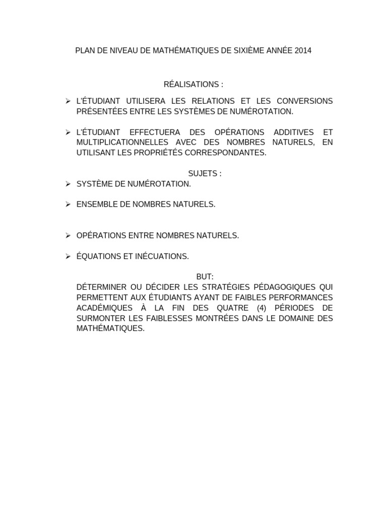 Plan de mathématiques 6e année 2014 | PDF | Mathématiques | Nombre