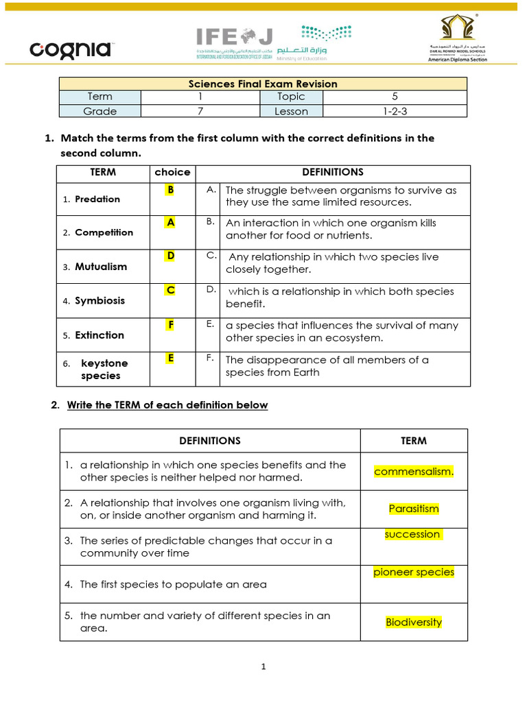 Grade 7 - Term 1 - Sciences Final Exam Revision Answers Key | PDF ...