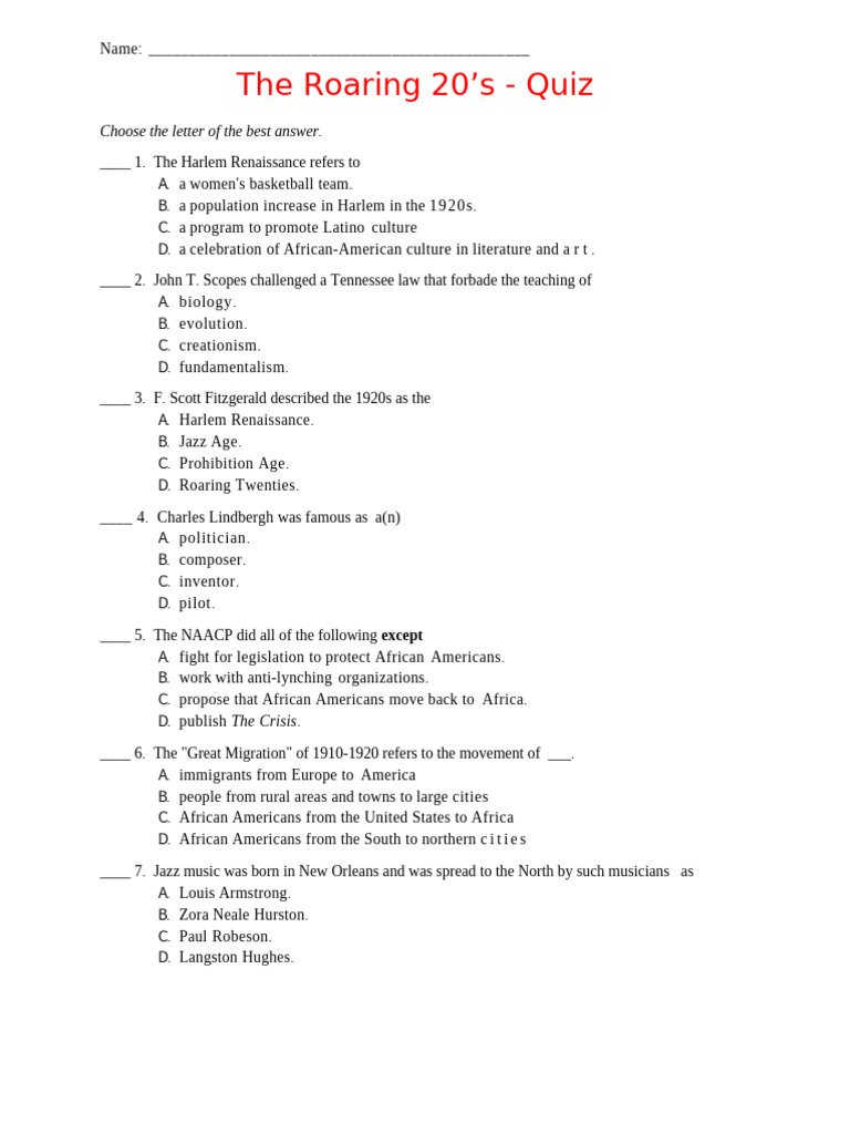 Roaring 20s Quiz and Answer Key | PDF | Roaring Twenties | The United ...