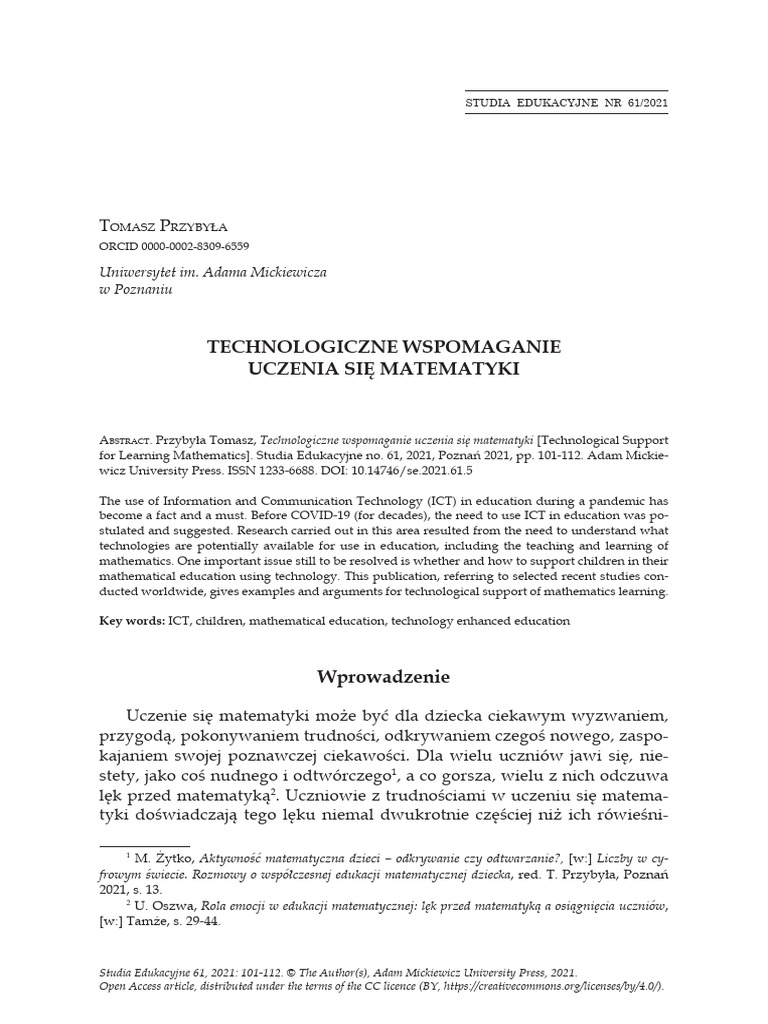 Technologiczne Wspomaganie Uczenia Się Matematyki PDF | PDF