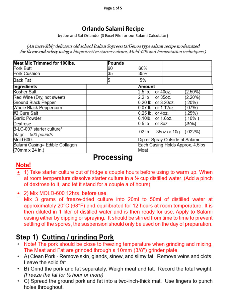 PDF Orlando Salami Recipe by Joe and Sal Orlando | PDF | Cuisine | Food And Drink Preparation