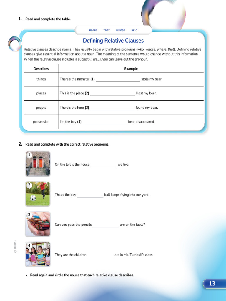 Defining Relative Clauses Exercise Guide | PDF