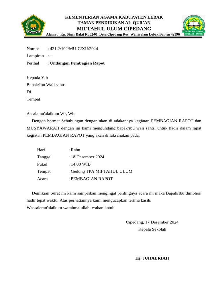 Surat Undangan Tpa 2023 | PDF