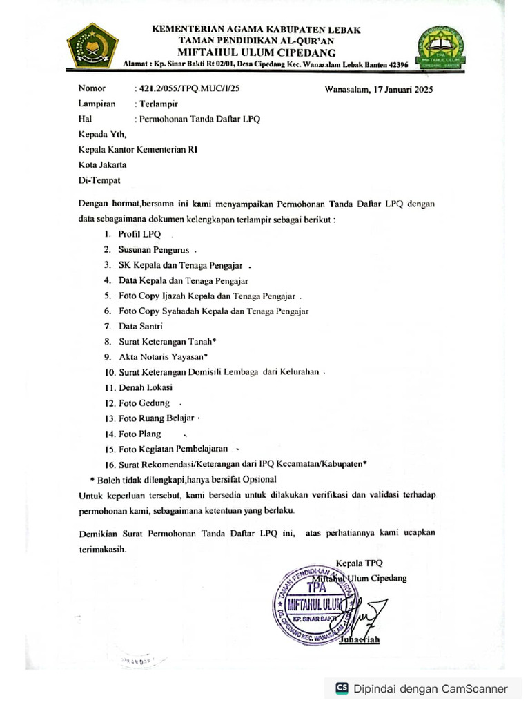 Surat Permohonan Tanda Daftar LPQ TPQ | PDF