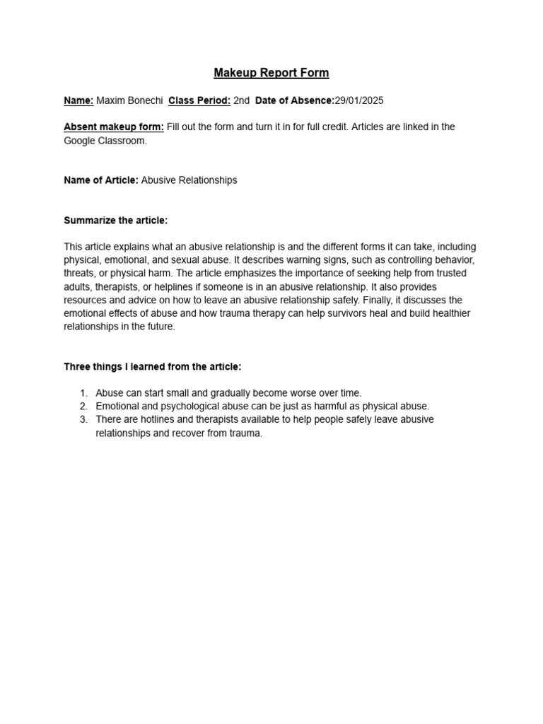 Makeup Report Form | PDF