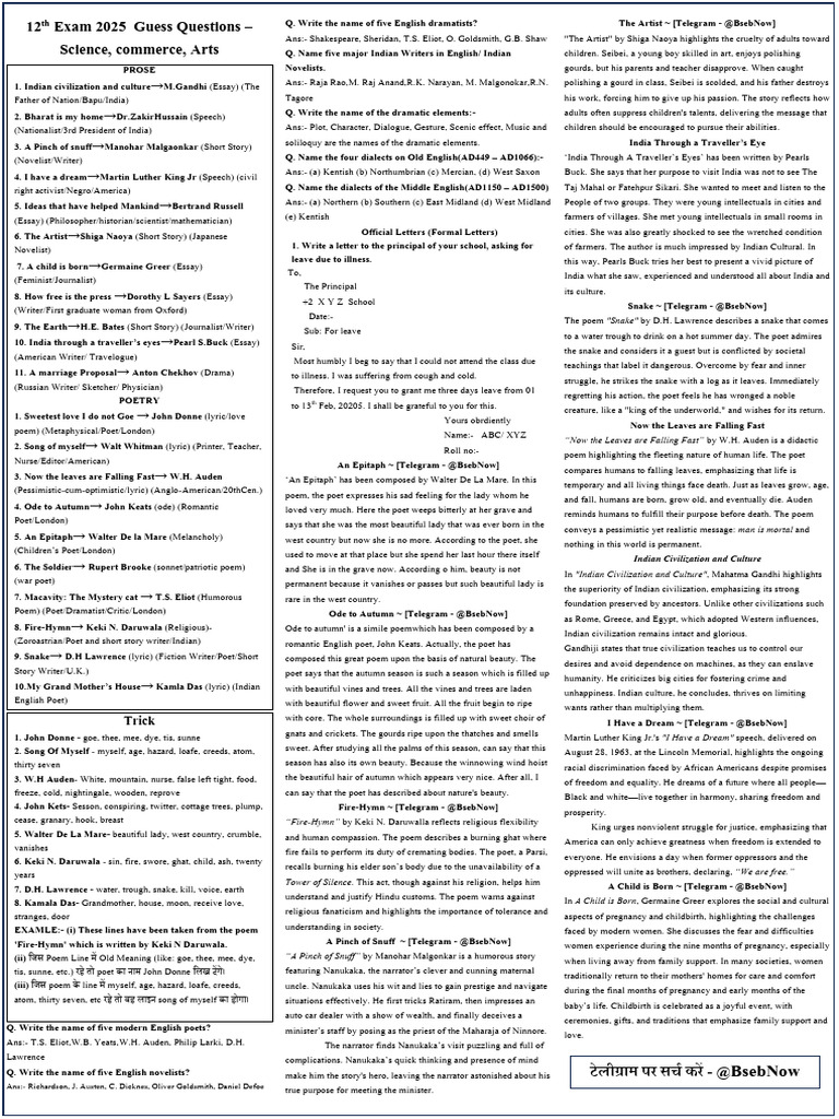 12TH ENGLISH CHEAT GUESS QUESTION 100 MARKS - Bsebnow | PDF ...