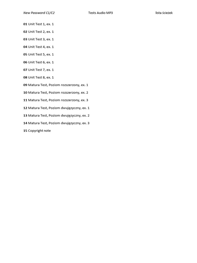 New Password C1 C2 Tests Audio Lista Ścieżek | PDF