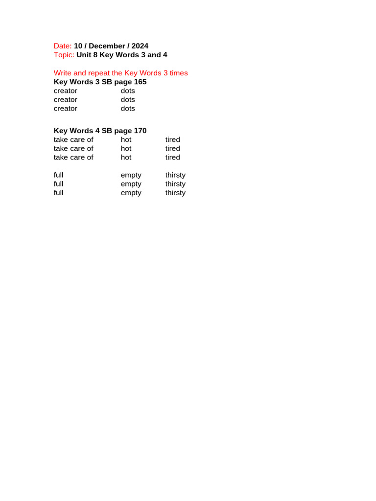 Key Words 3 and 4 Unit 8 | PDF