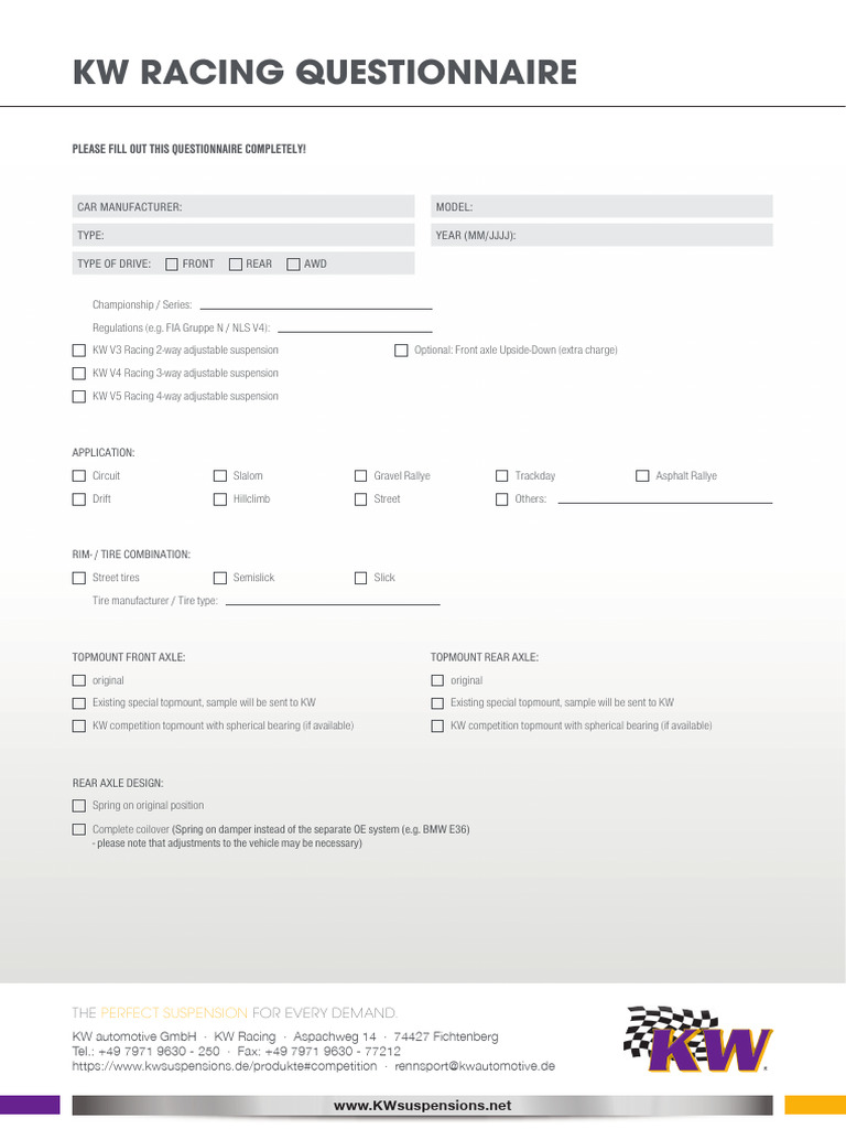 KW Competition QUESTIONNAIRE Int | PDF | Axle | Car