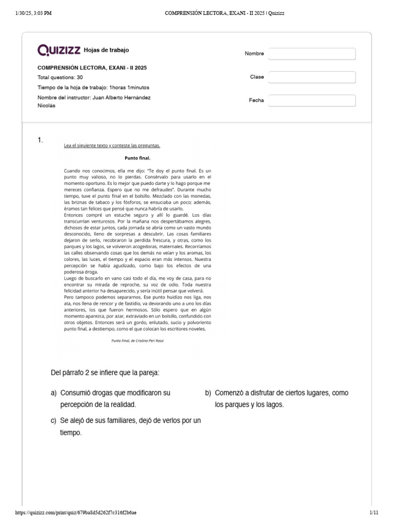 COMPRENSIÓN LECTORA, EXANI - II 2025 - Quizizz | PDF | Globalización | Inteligencia emocional