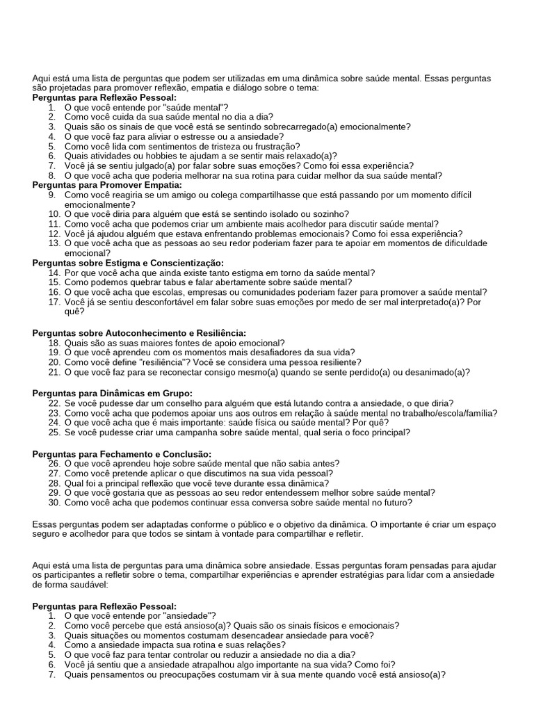 Questoes Dinamica Saude Mental | PDF | Ansiedade | Autoestima