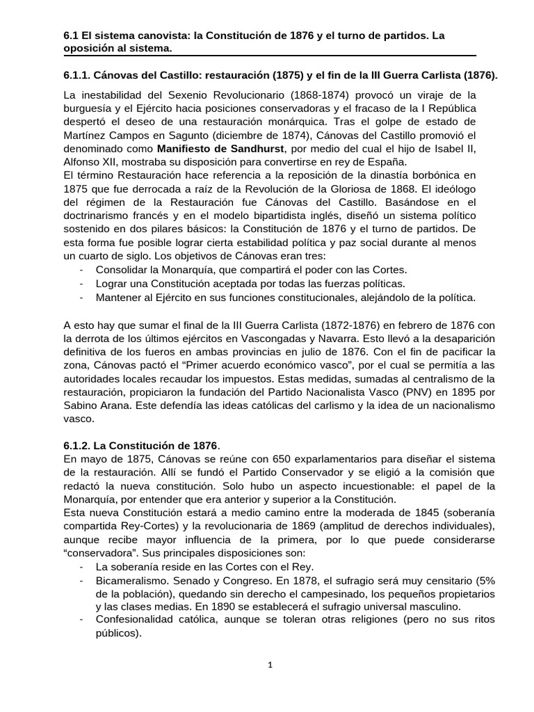 Sistema Canovista y Constitución de 1876 | PDF | Gobierno de españa ...