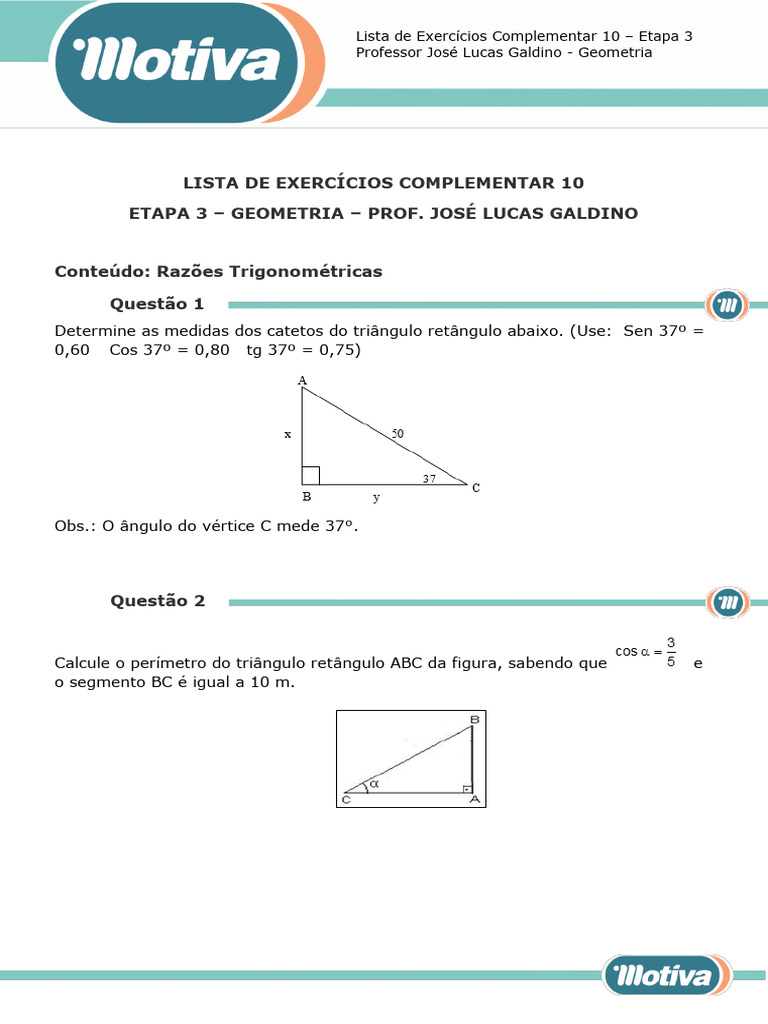 (Lista Complementar 9 - 9ano) Etapa 3 - Razões Trigonométricas | PDF | Triângulo | Trigonometria