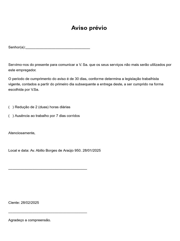Modelo Aviso Previo Empregador - Doc 20250130 173845 0000 | PDF