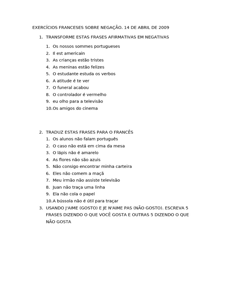 Exercícios de Francês Sobre Negação 1º Ano Do Ensino Secundário B | PDF
