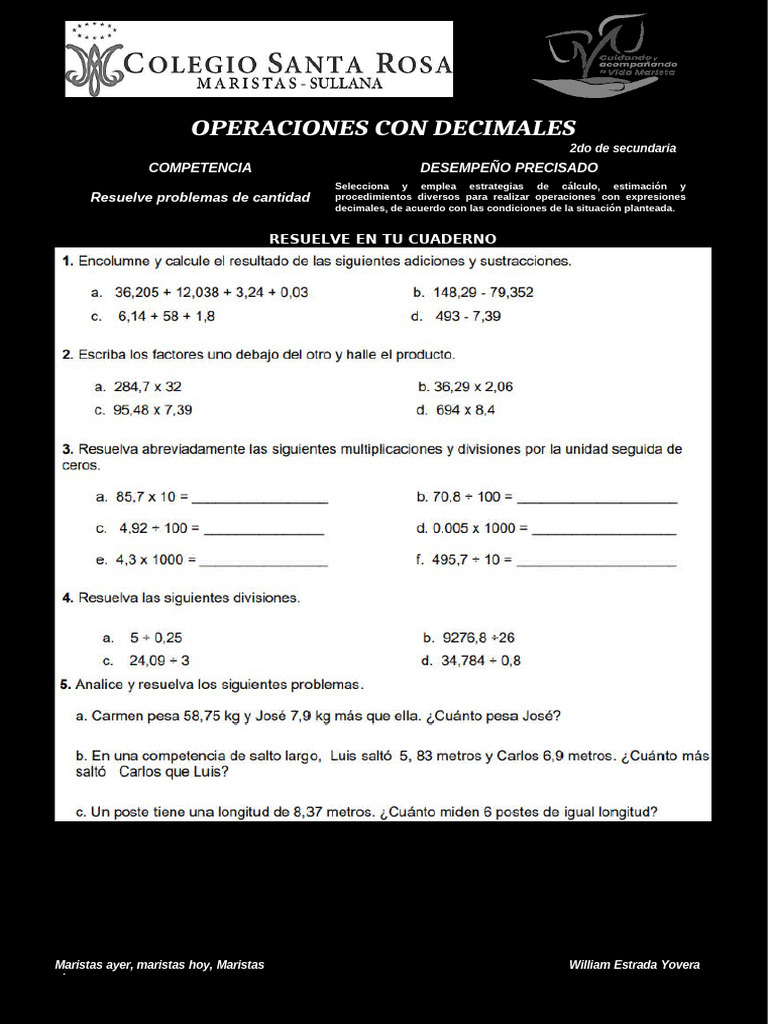 OPERACIONES CON DECIMALES -1RO DE SEC (1) | PDF