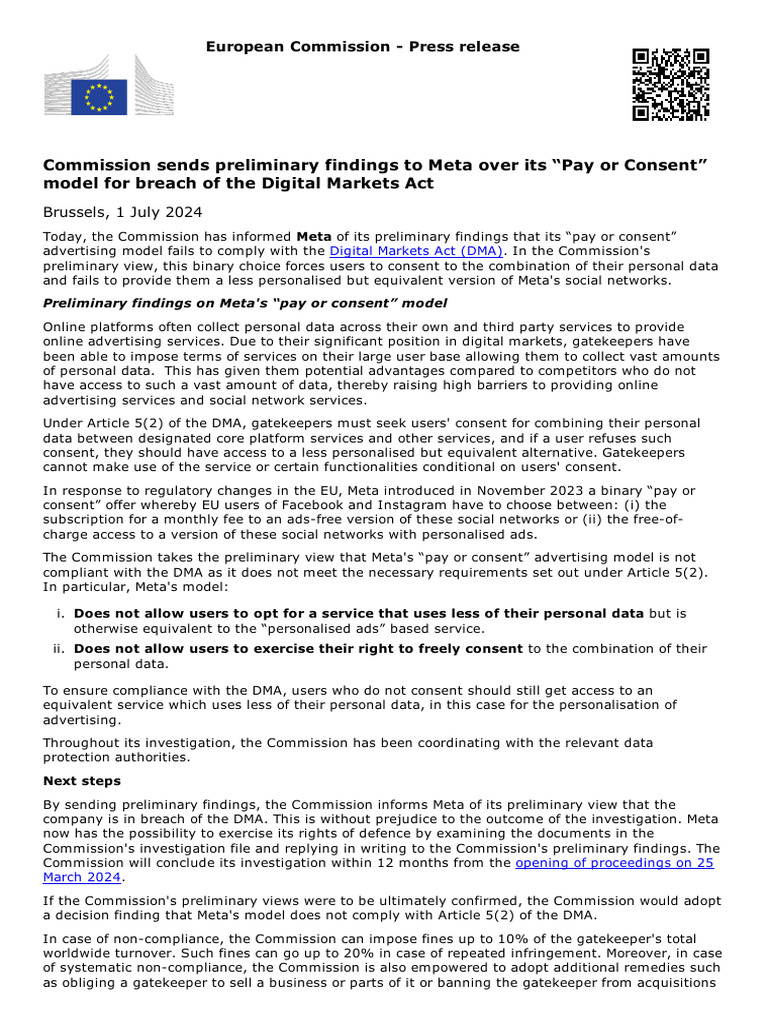 Meta's "Pay or Consent" Model Breach | PDF | Business