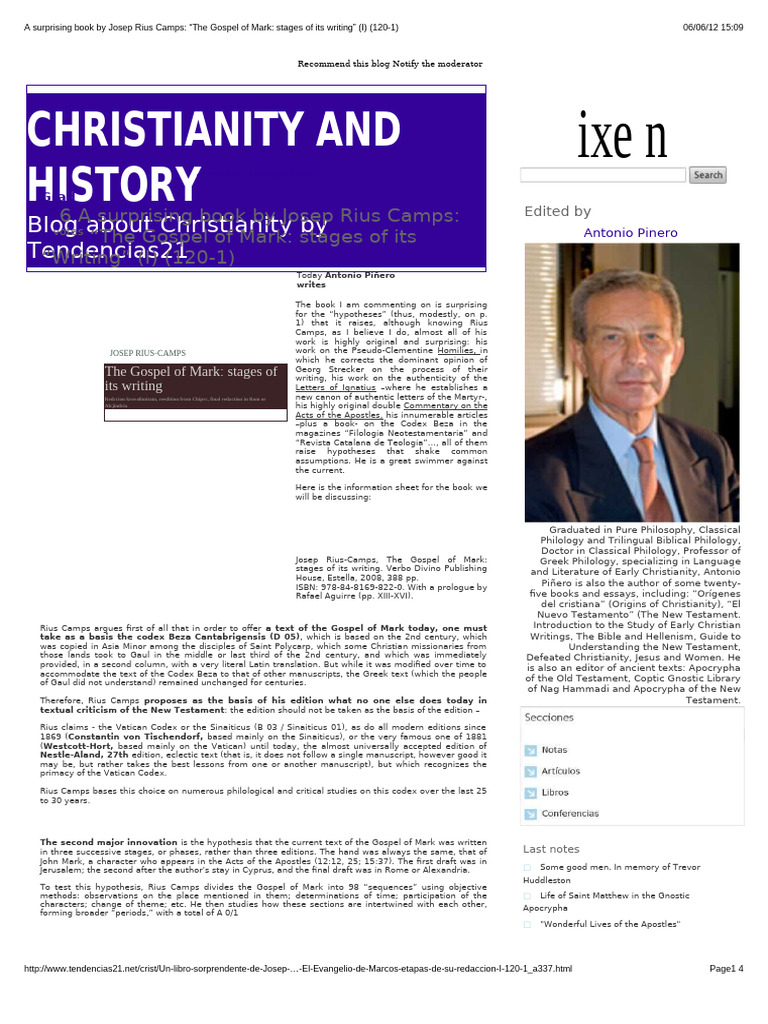 A Surprising Book by Josep Rius Camps: "The Gospel of Mark: Stages of ...