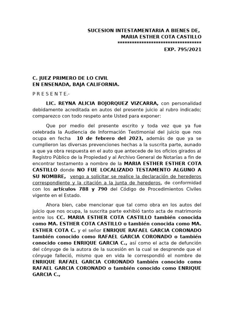 795-2021 Solicito Declaracion de Herederos y Junta | PDF