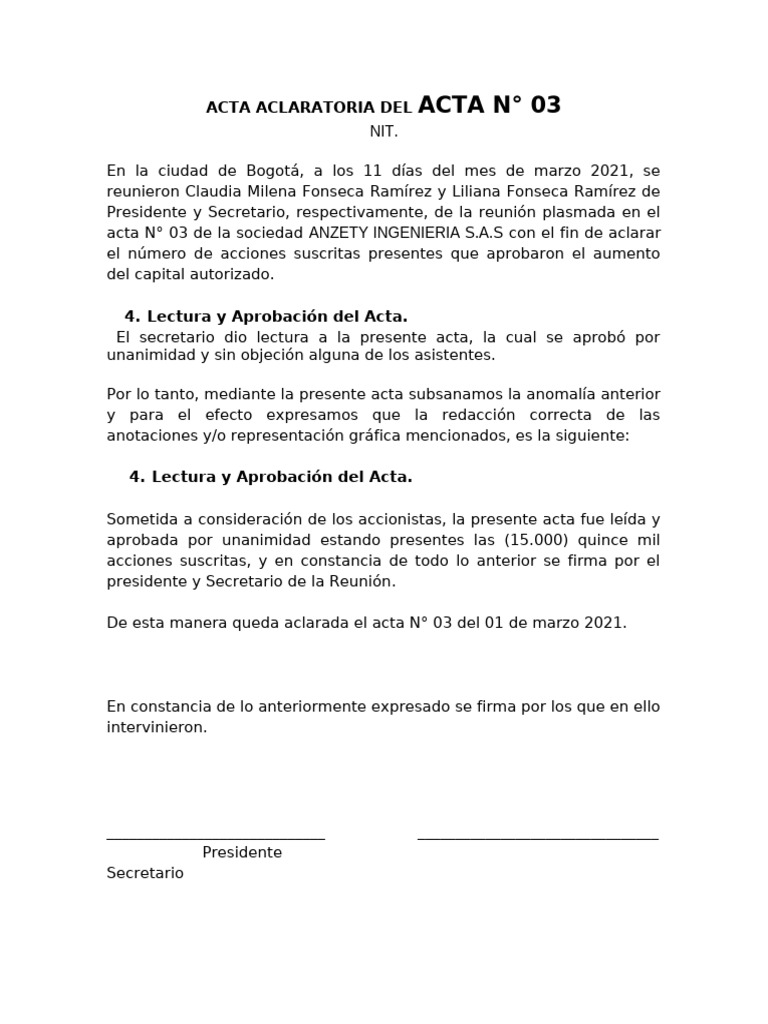 Acta Aclaratoria Del Acta N.1 | PDF