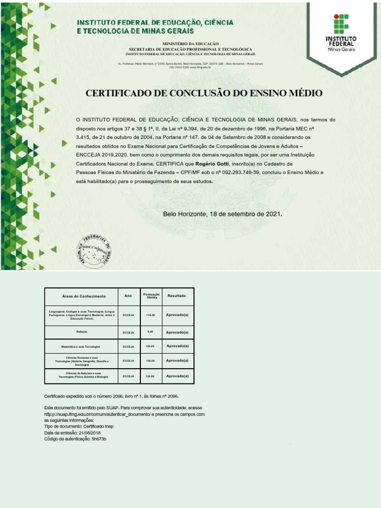 Certificado de Conclusão do Ensino Médio | PDF | Science | Ciências ...