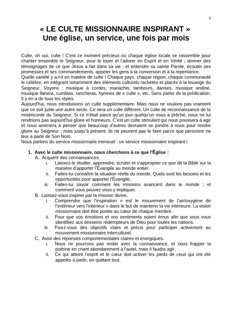 Le Culte Missionnaire Inspirant | PDF | Missionnaire | Église chrétienne