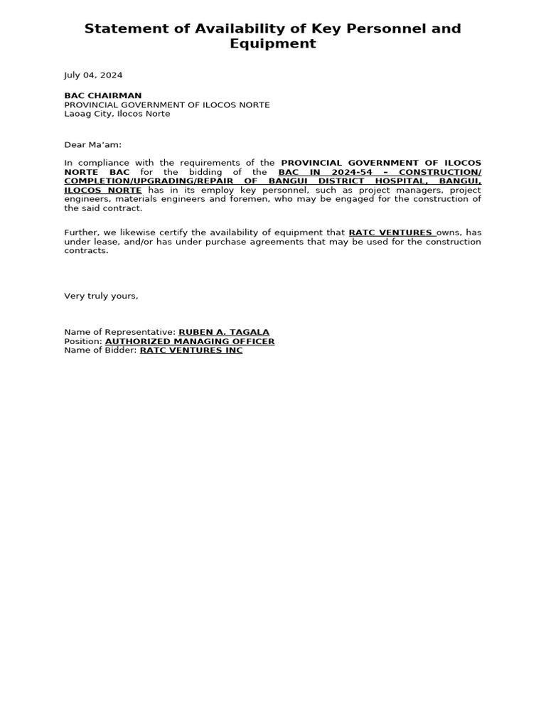 RATC Ventures Inc. Key Personnel Availability | PDF | Affidavit