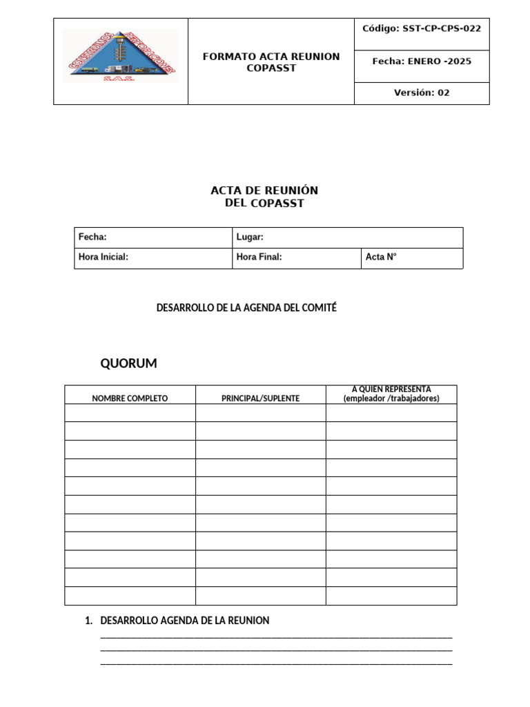 SST-GP-FT-CPS-022 Acta Reunion Copasst | PDF
